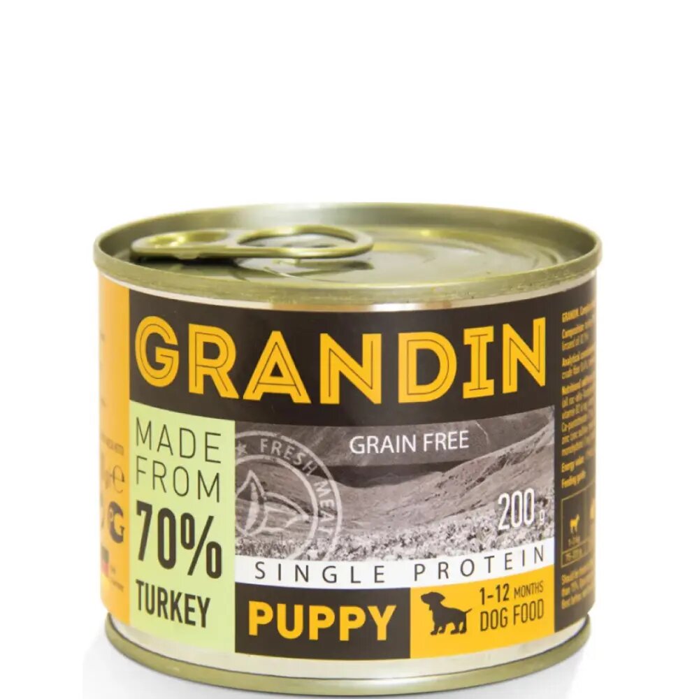 Grandin Puppy Влажный корм (консервы) для щенков всех пород, с индейкой и льняным маслом, 200 гр, 9 шт