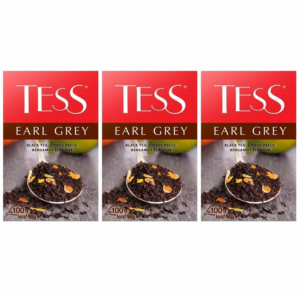 Tess Черный чай Earl Grey, листовой с ароматом бергамота, 100 г, 3 шт.
