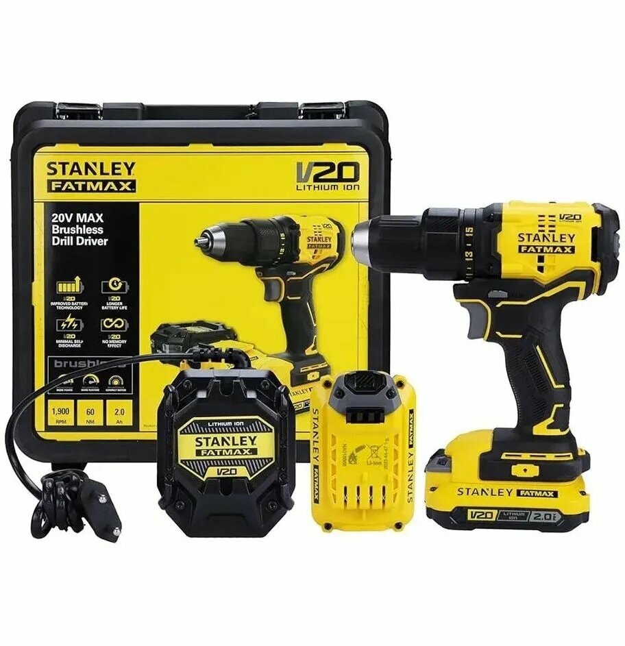 STANLEY Дрель-шуруповерт аккумуляторный бесщеточный, 20 В, с ящиком для инструментов, с аккумулятором емкостью 2,0 А * 2 и зарядным устройством, SBD710D2K