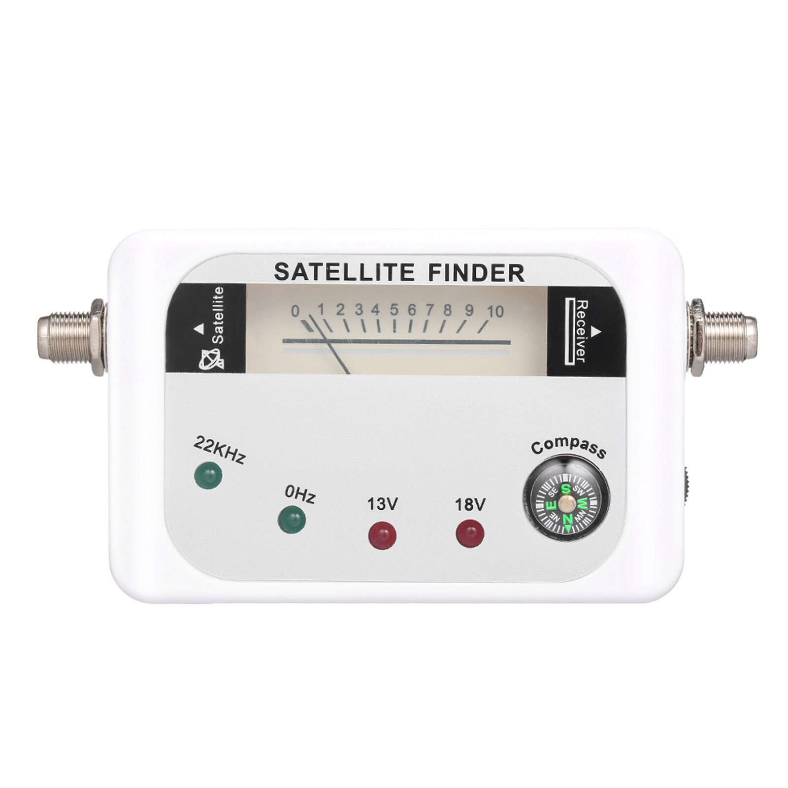 9508 Поискатель спутникового сигнала Digital Signal Finder TV Receiver с стрелкой компаса, светодиодным индикатором, белый цвет, диапазон частот 950-2150MHz, питание DC13-18V, входной уровень -40–-10dBm, размер упаковки 16.4*10.3*5.3cm, вес упаковки