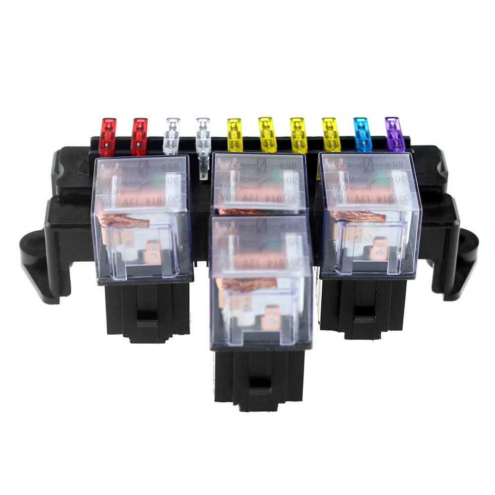 Блок предохранителей на 10 цепей с 5-контактным гнездом и держателем реле, 13 стандартных предохранителей