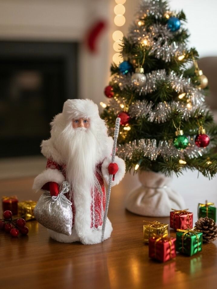 Дед Мороз под елку в красно-серебристой шубе с воротом 24 см ручная работа сделано в России