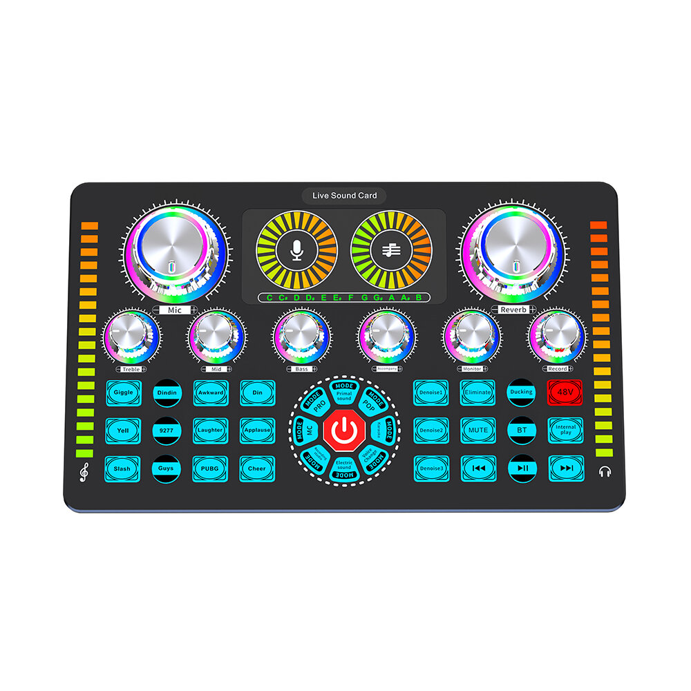 Звуковая кард для записи Live Sound Card Audio Mixer Desktop Singing DC 5V Type-C 3-скоростная шумоподавление BT 48V Phantom Power Supply OTG Digital Transmission для Streaming Podcasting Gaming Soundboard