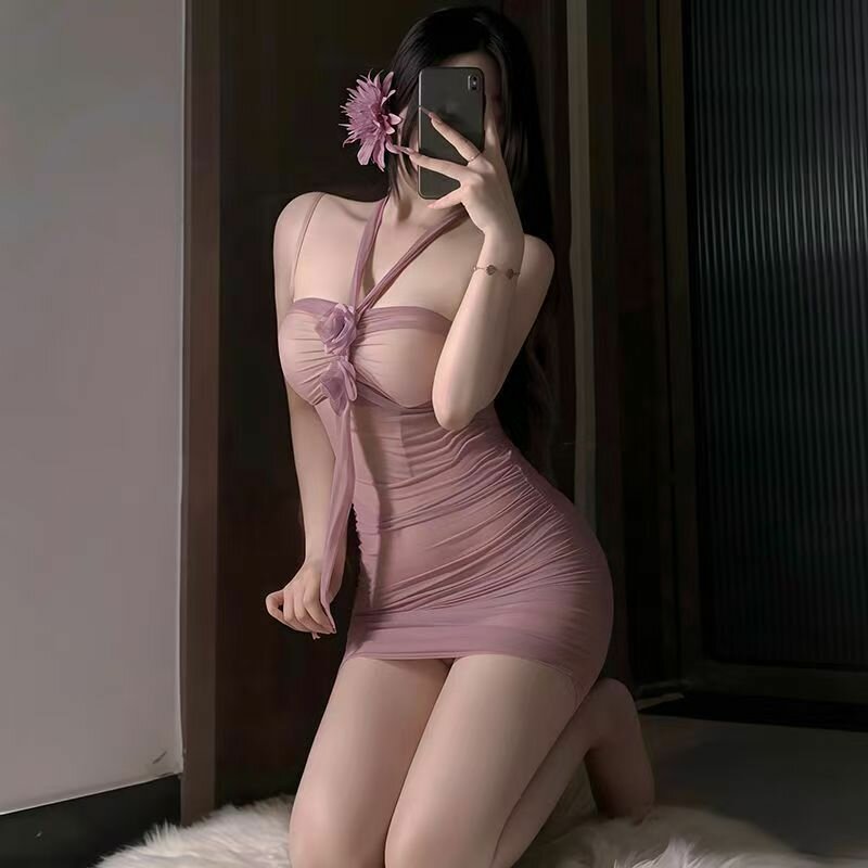 Сексуальная прозрачная облегающая юбка, не требует снятия, идеально подходит для свидания, белье с завязками на шее. Фиолетовый (облегающая юбка + трусики + 2 розы)