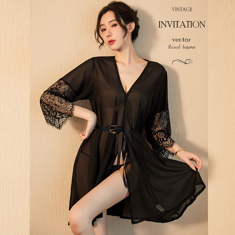 Сексуальное нижнее белье, женская одежда для сна, прозрачный кардиган, нижнее белье для взрослых, халат для кровати, домашняя одежда, 1533. Черный