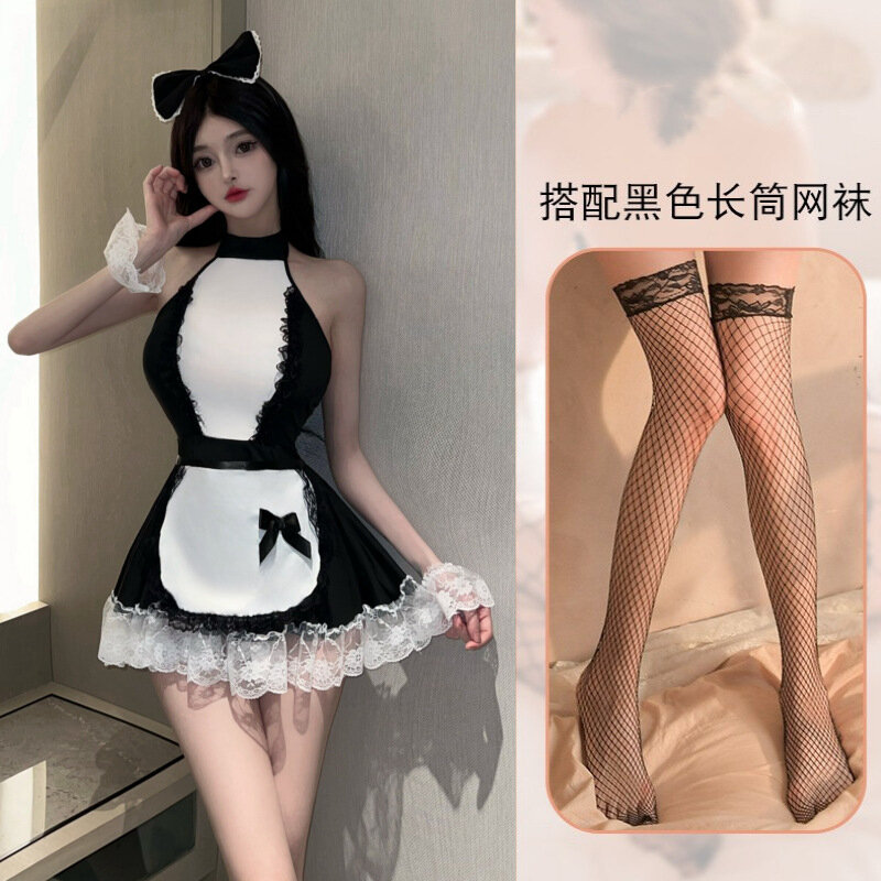 Сексуальный костюм горничной/униформа горничной/комплект для ролевых игр с глубоким V-образным вырезом и кружевом. Горничная + черные сетчатые чулки.