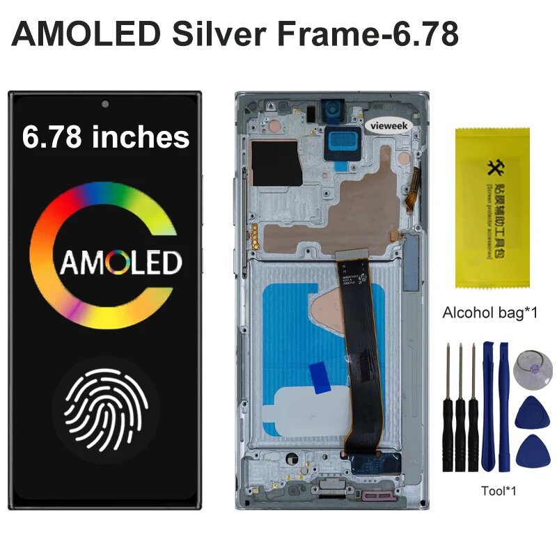 AMOLED-экран для Samsung Galaxy Note 20 Ultra Lcd N985F Дисплей Цифровой сенсорный экран с рамкой для Note20 Ultra 5G N986B LCD 6.78 inches Silver