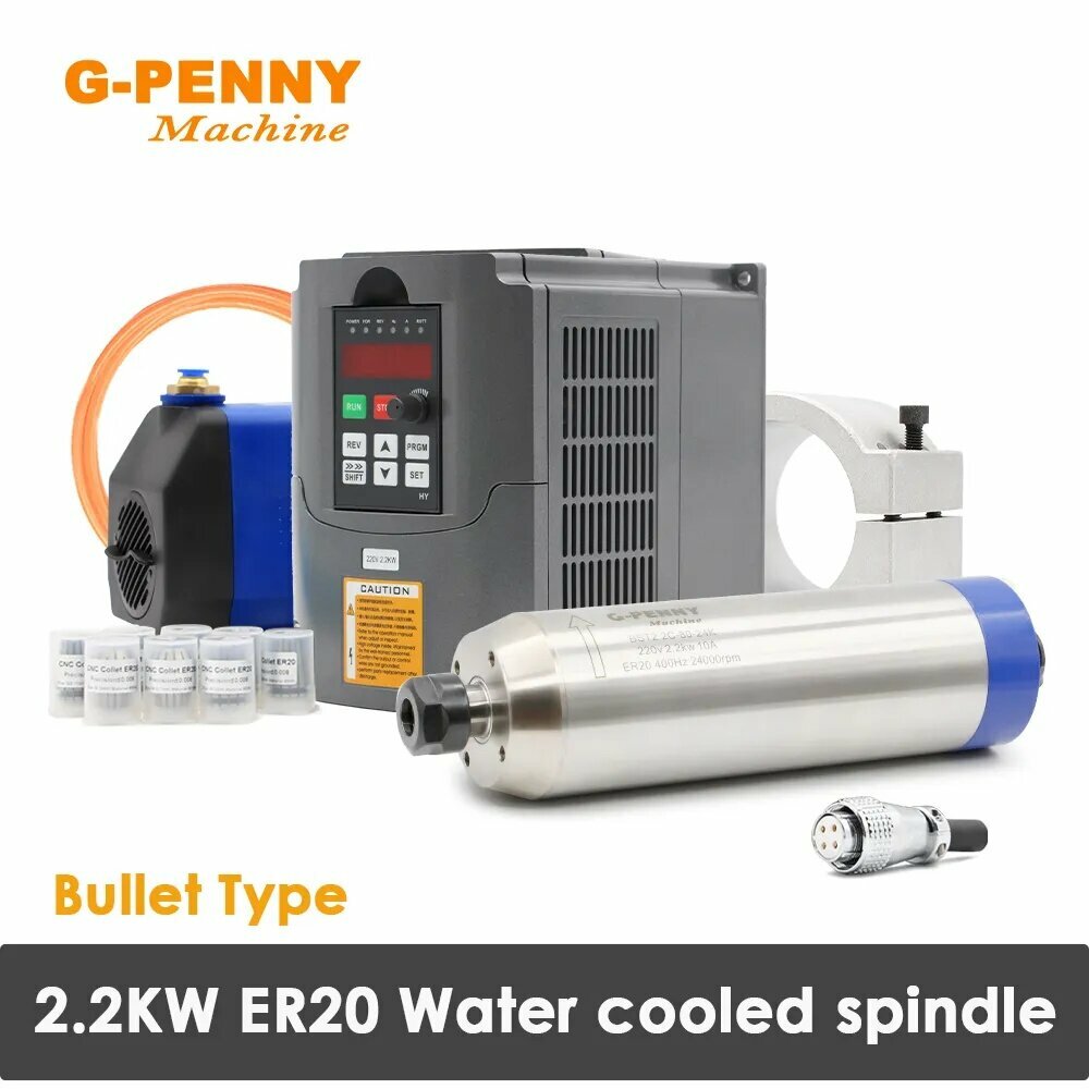 G-Penny 220В 2,2кВт ER20 Шпиндель с водяным охлаждением комплект, пулевидного типа, Стальные шарикоподшипники, инвертор HY 220 В 2,2 кВт