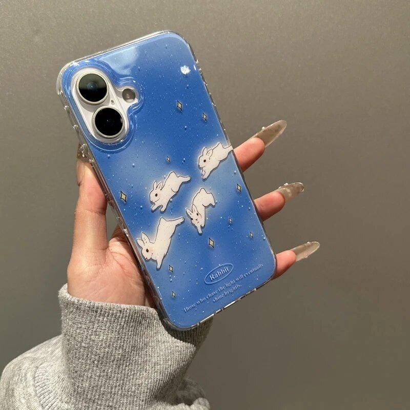 Корейский чехол INS Blue Cute Leaping Rabbit Star Chic для iPhone 17 Air 16 15 14 13 12 11 Pro Max с защитой от падения, задняя крышка Capa