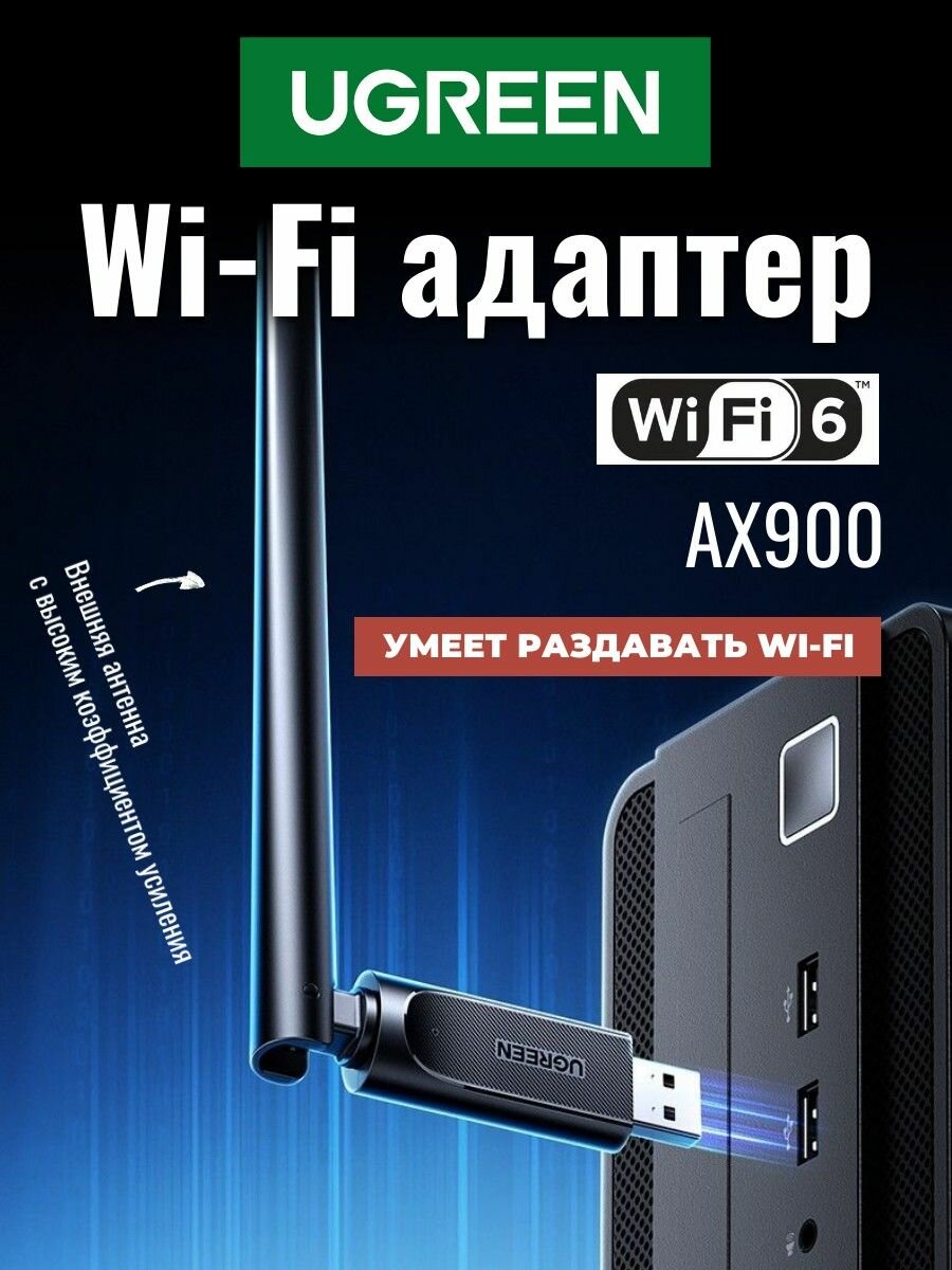 Wi-Fi Адаптер UGREEN CM763 (35265) AX900 USB-A High-Gain Dual Band Wi-Fi Adapter. Цвет: черный