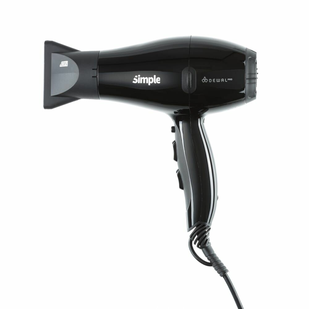 Фен DEWAL SIMPLE, черный, вес 550гр, размер 17см, 2000 Вт, ионизация, 2 нас, провод 3м