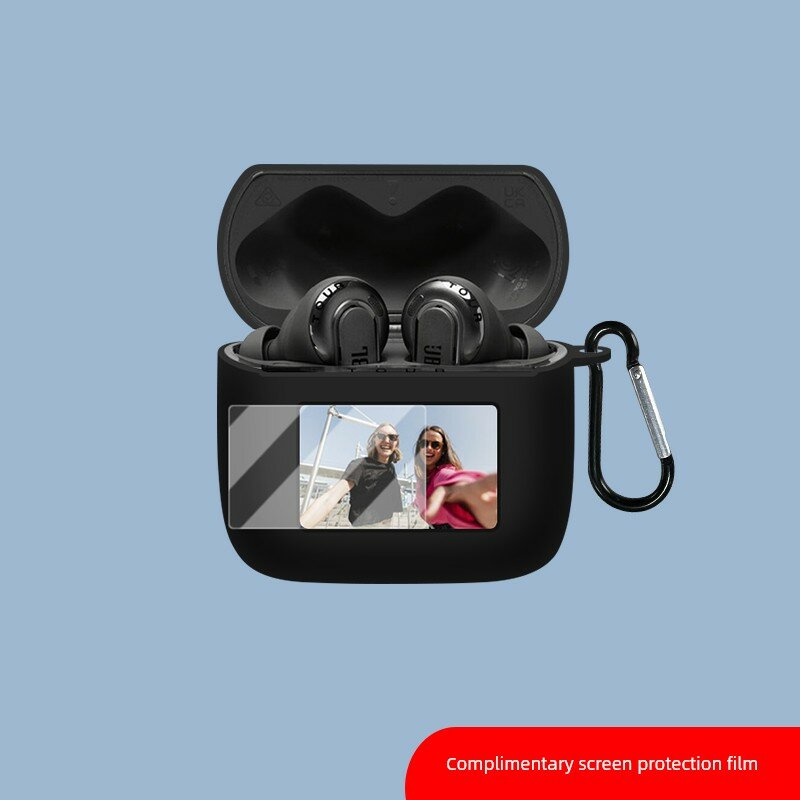 Чехол JBL TOUR PRO 3 матового черного цвета с прозрачной защитной пленкой и антисъемным кольцом
