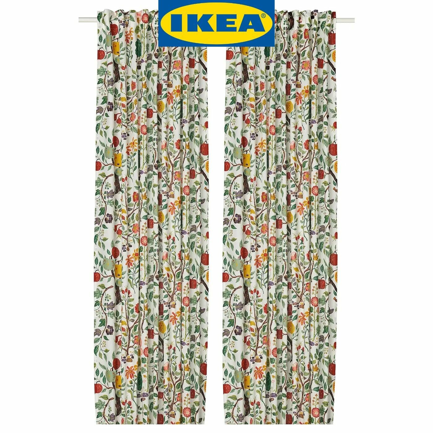 Икеа Vildpersilja ВиллепешЗанавески, 2 шторы, белый многоцветный / цветочный узор с лентой складок, 145х250 см