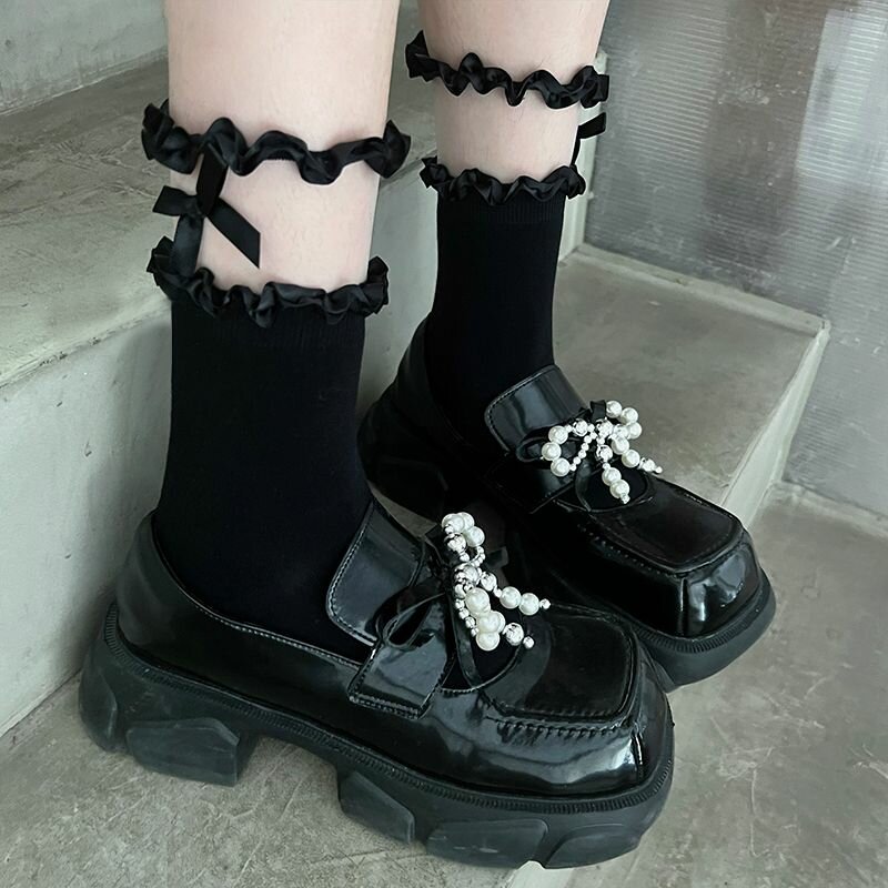 Милые белые кружевные носки Мэри Джейн в стиле лолита, до середины икры, для женщин, весна-осень, с бантиком