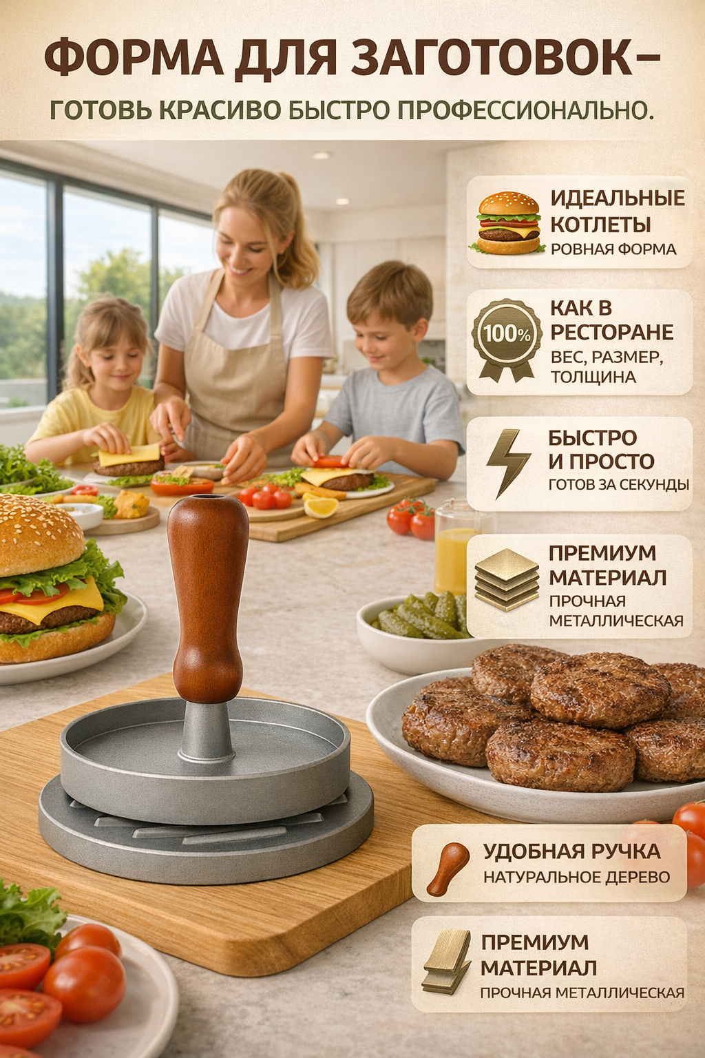 Форма пресс для заготовок котлет и бургеров, 2 шт в подарок, заготовки мяса кухонный инструмент