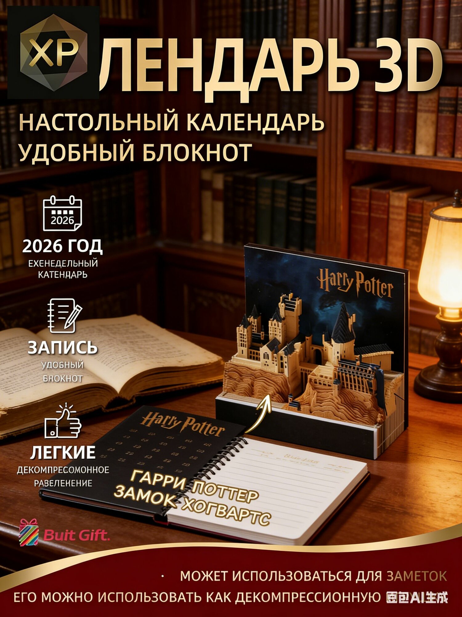 Настольный календарь на 2026 год,3D блокнот,3D календарь, Замок Гарри Поттера Хогвартс