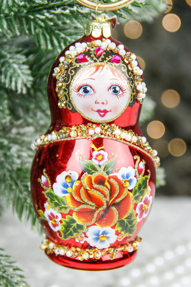 Ёлочная игрушка матрёшка - цветочный узор, стекло, красная, 12 см, Kurts Adler NB1605-2