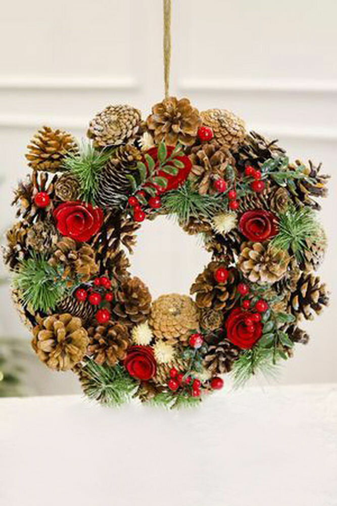 Декоративный венок 'лесной ДАР: багрянец' малый, натуральные шишки, хвойные ветки, искусственные ягоды и цветы, 34 см, Edelman 1139185