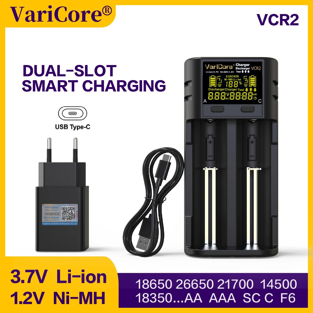 Интеллектуальное зарядное устройство, зарядное устройство, скорость быстрой зарядки, 1,2 В Ni-MH 3,7 В Li-ion/18650/21700/26650/32650/AA/AAA VariCore-VVV