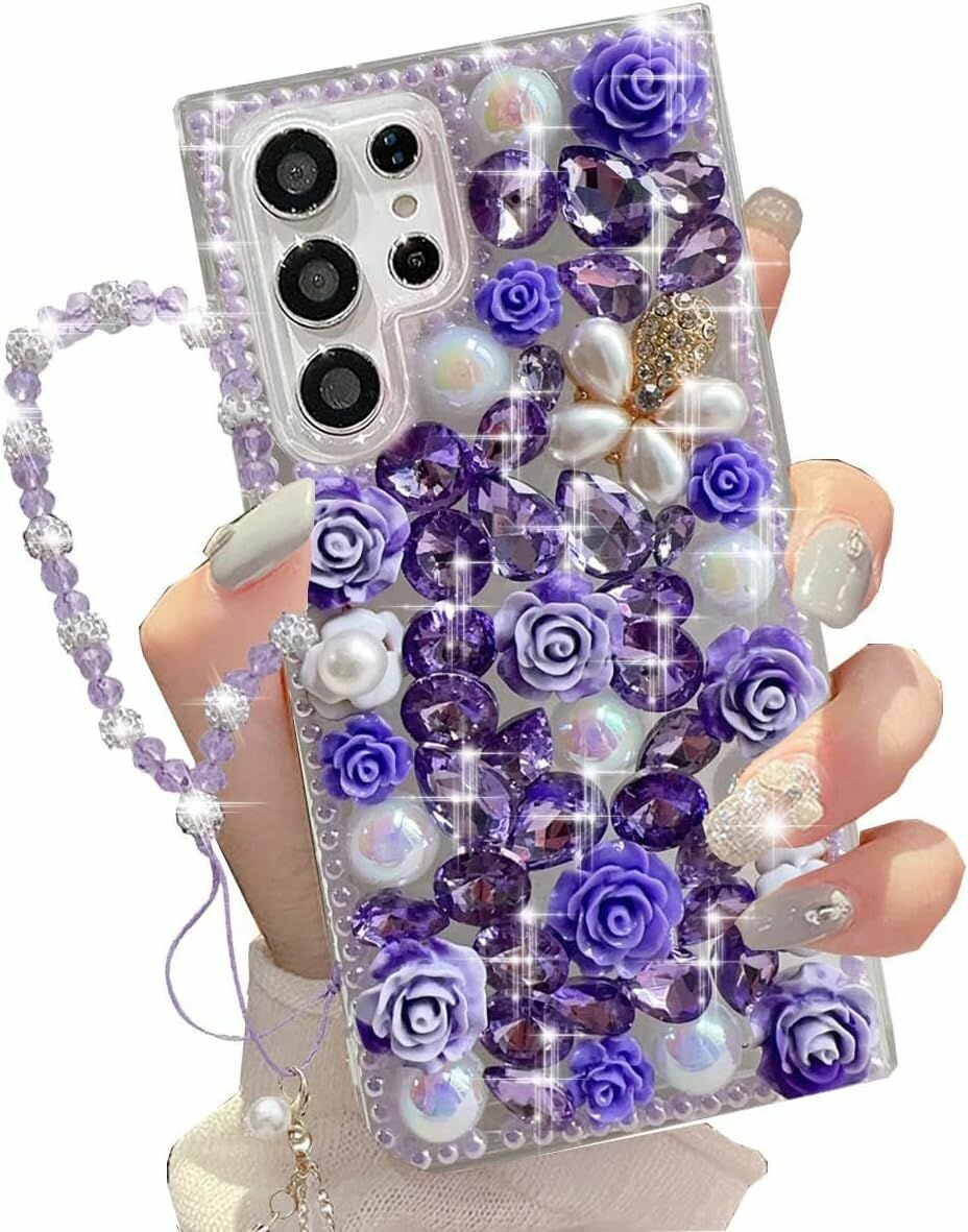 Чехол для телефона Samsung Galaxy S24 Ultra(Самсунг Гэлак S24 Ультра), Роскошные Luxury 3D роза сверкающие стразы с драгоценным камнем, милые девушки