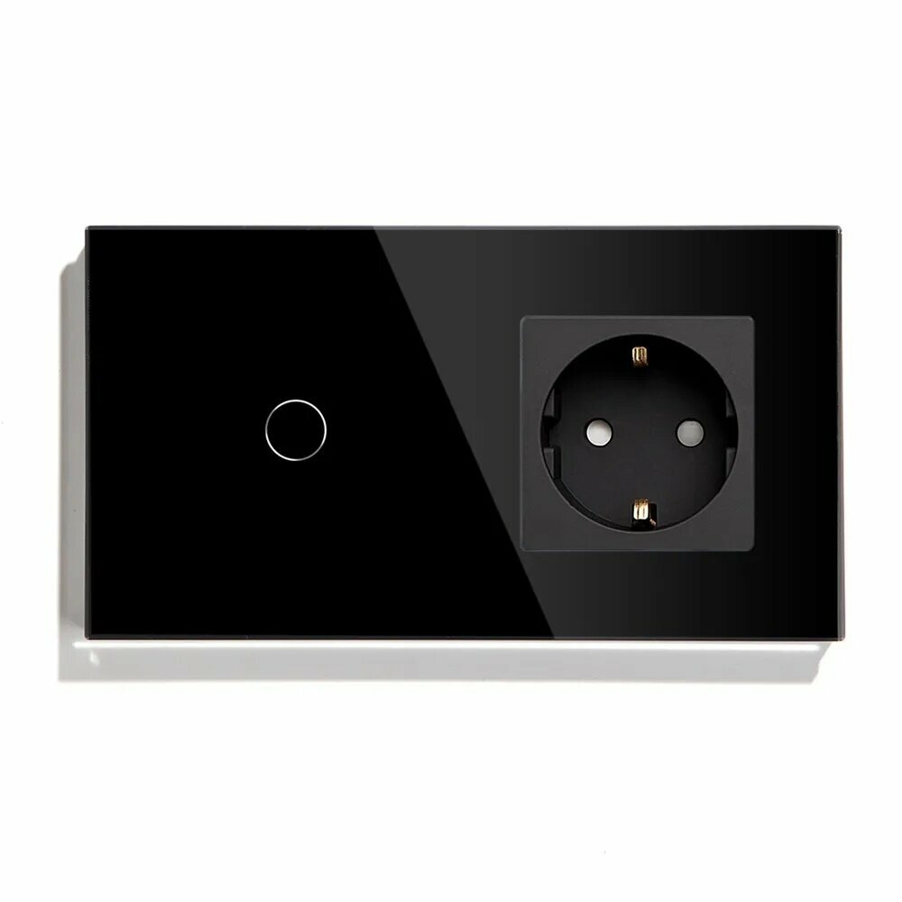 Сенсорный выключатель с розеткой 1 клавиши 1 розетка, панель стекло Черная