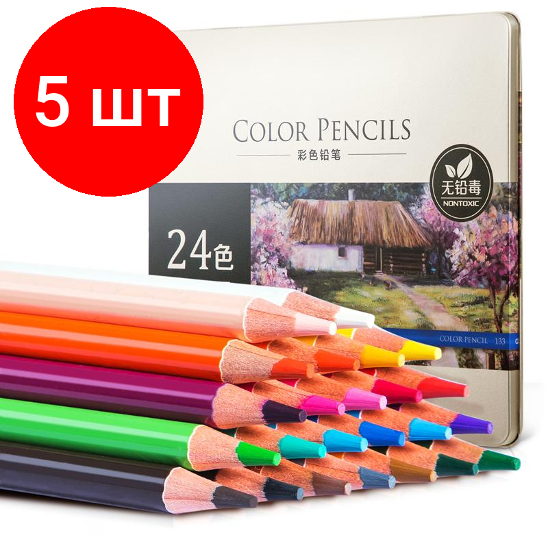 Комплект 5 упаковок, Карандаши цветные Deli липа 24 цв/наб мет. кор. 6565