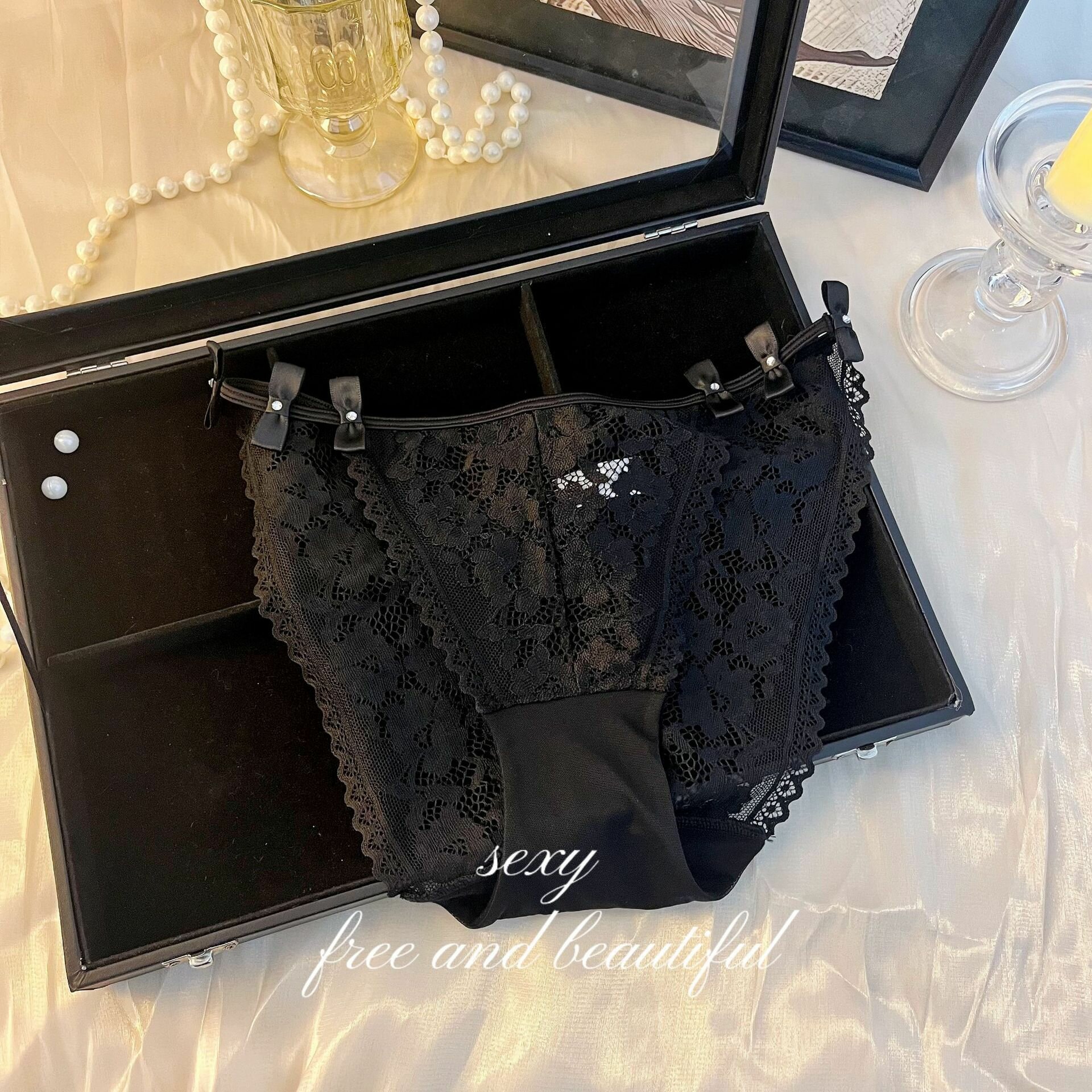 Французский стиль, сексуальные кружевные, ажурные, чистое желание, бантик, блестящие бриллианты, средняя талия, дышащие, удобные, дружелюбные к коже женские треугольные трусики