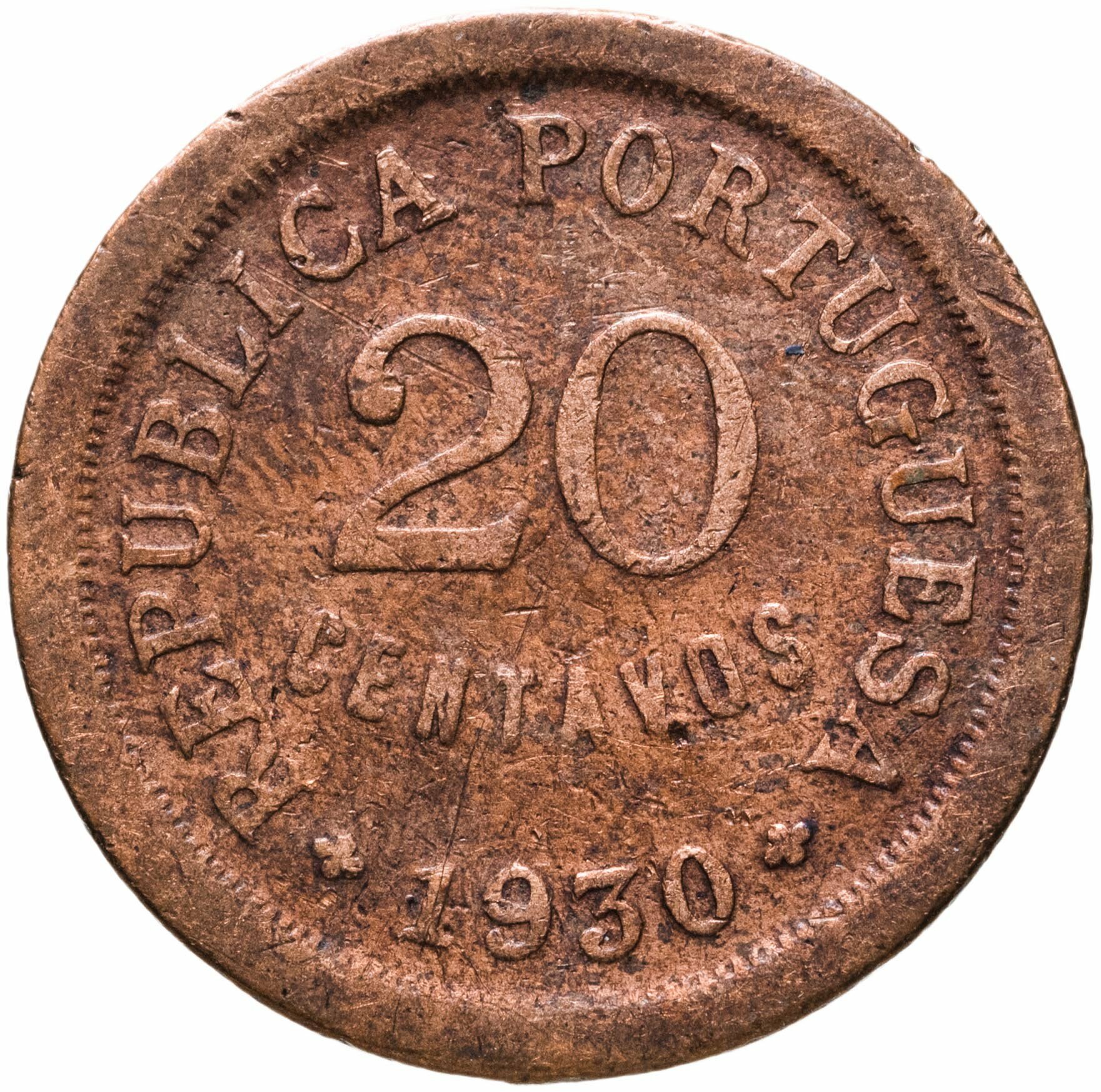 Кабо-Верде Португальское 20 сентаво centavos 1930, Бронза, в сохранности VG-F