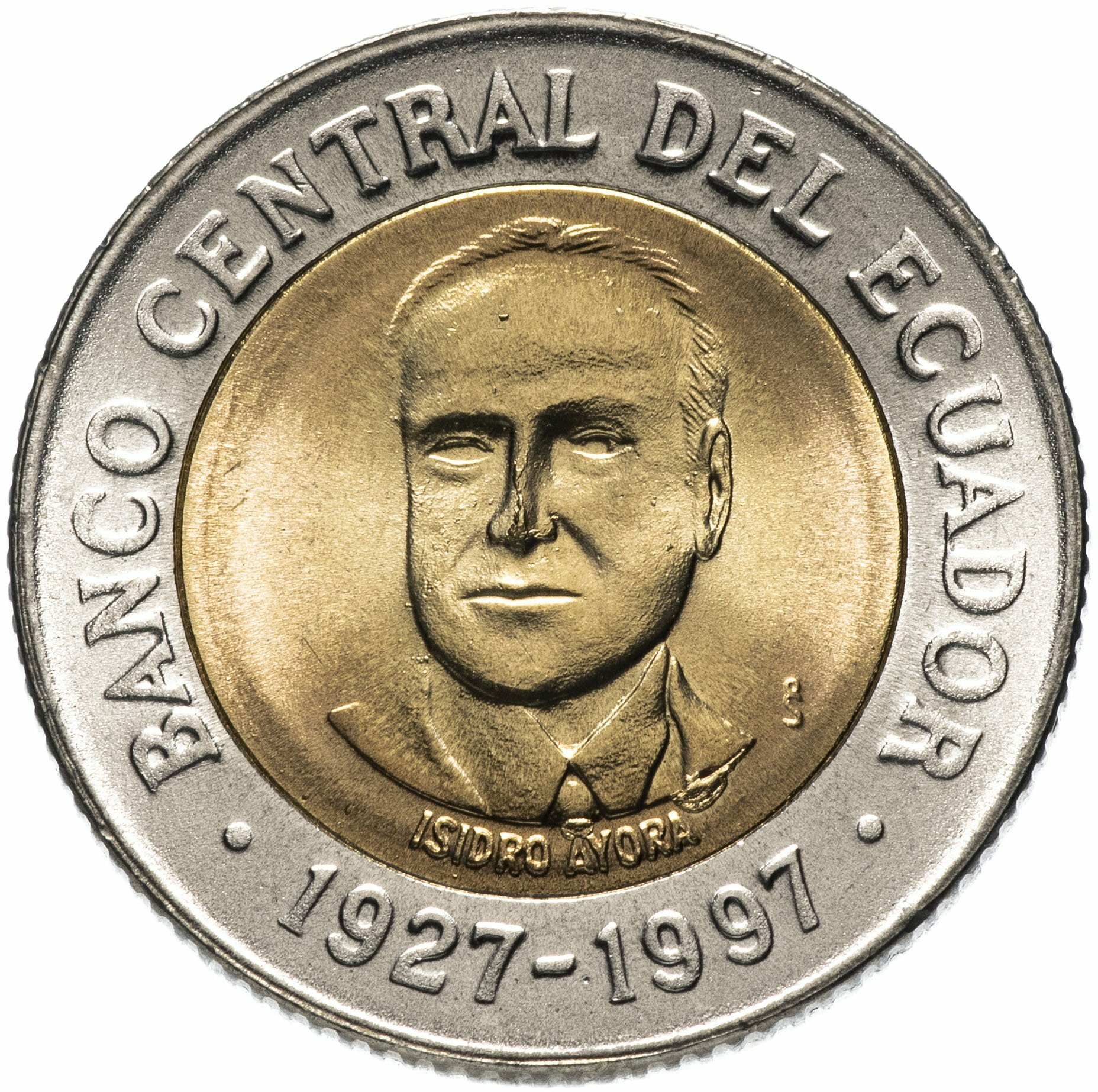 Эквадор 500 сукре sucres 1997 "70 лет Центробанку", Биметалл, в сохранности UNC
