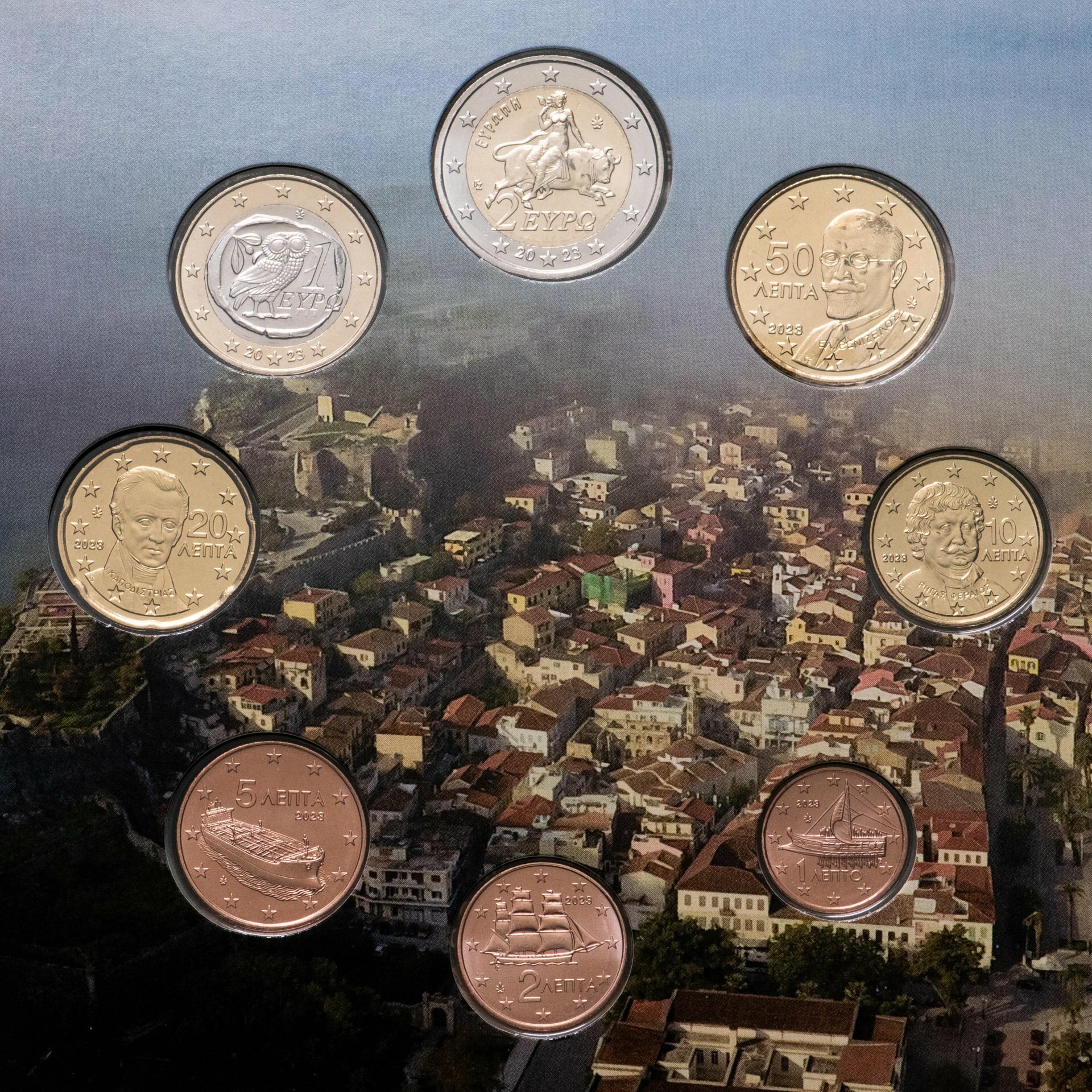Греция - годовой набор 1, 2, 5, 10, 20, 50 центов + 1, 2 евро 2023 "Нафплион" BU, Различные сплавы, в сохранности BUNC