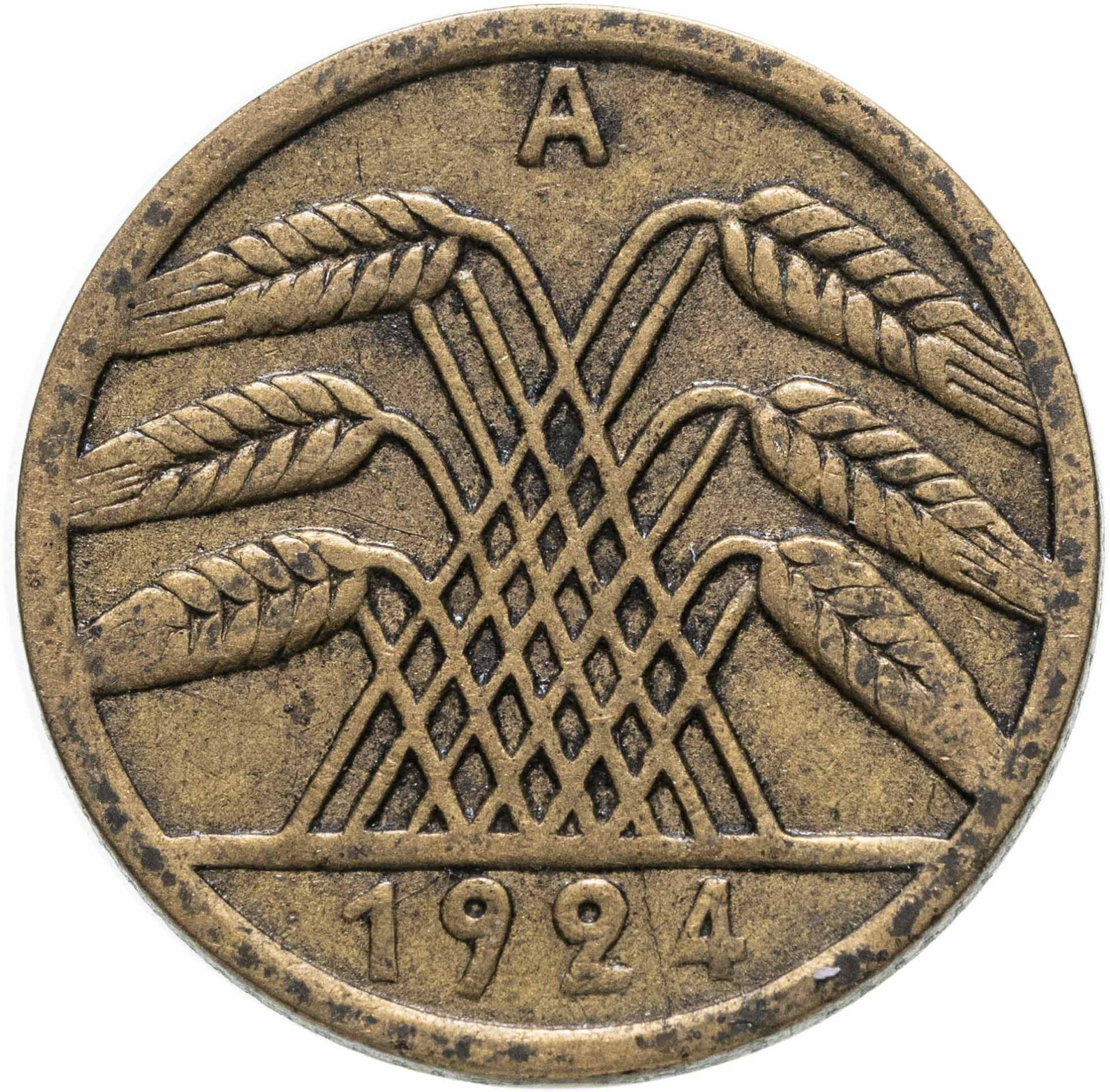 Германия 5 пфеннигов рентенпфеннигов, rentenpfennig 1924 A знак монетного двора "A" — Берлин, Бронза, в сохранности VF-XF
