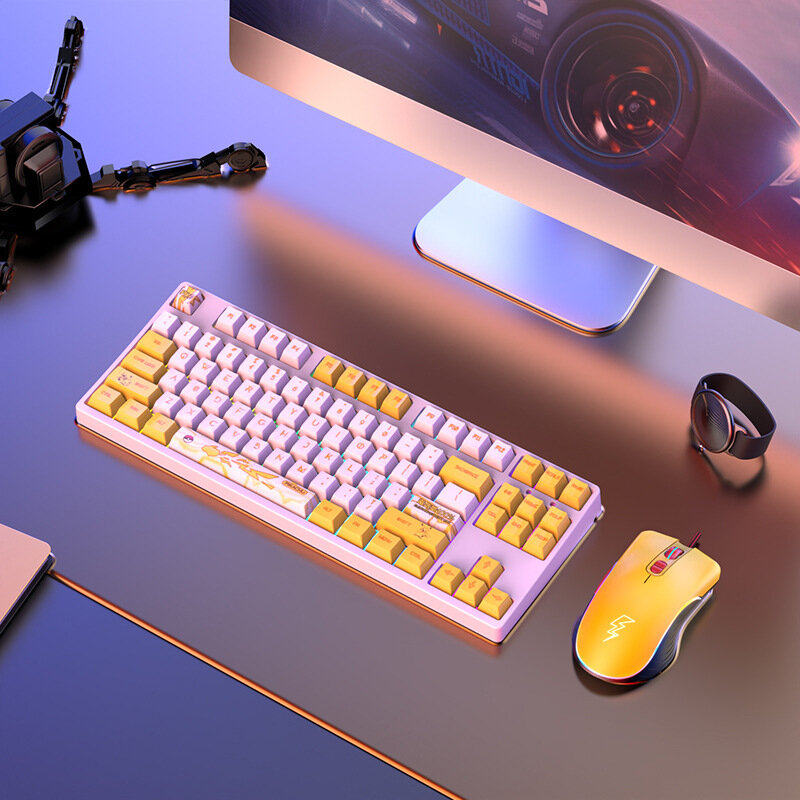 Комплект игровой механической клавиатуры и мыши 87/104 клавиш проводной для офиса и игр для девушек PBT Пикачу Марио