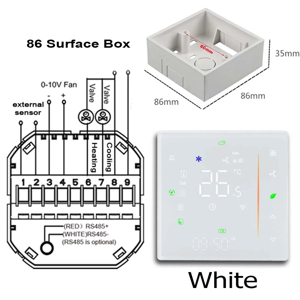 Умный термостат BAC-006EMLW-FAN для вентилятора 24В White-86Surface Box, 24VAC