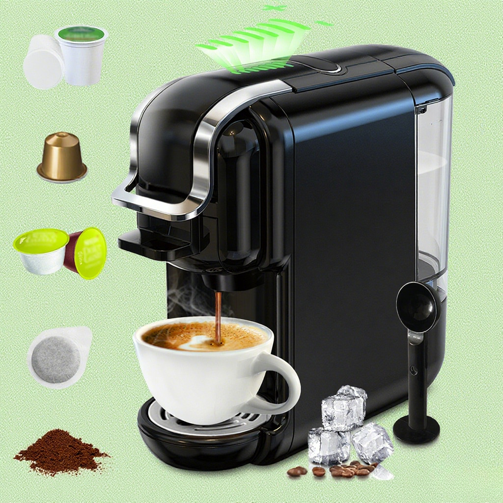 Кофемашина электрическая 5 в 1 с 7 регулируемыми объемами воды 19Bar/горячий заварочный мини кофеварка с съемным баком 600ml/20.3oz для капсул Nes DG, ESE, Kcup и молотого кофе, черный/белый, EU/US/UK вилка, 1450W, 220V/110V, 110*245*245mm