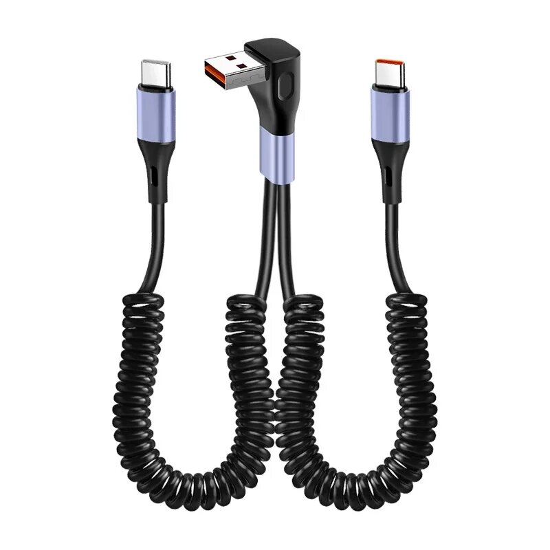 Угловой выдвижной USB-кабель для зарядки от USB a до 2 шт. разъемов Type-C Шнур для быстрой зарядки 6 А для устройств с поддержкой USB-C