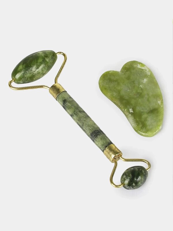 Нефритовый роликовый массажер и скребок гуаша из камня (ролик-нефрит)