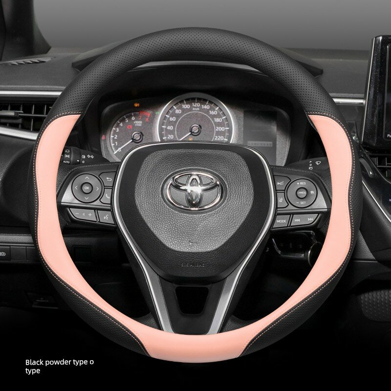 Ультратонкий чехол на руль для Toyota Camry, Corolla, RAV4 Hybrid - Черно-розовый - Премиальная кожа