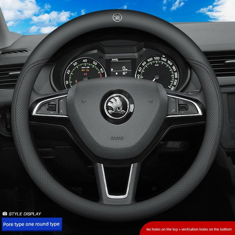 Чехол на руль из натуральной кожи для Skoda Octavia, Fabia, Yeti, Kodiaq, Superb, Rapid и других моделей. Чисто черная