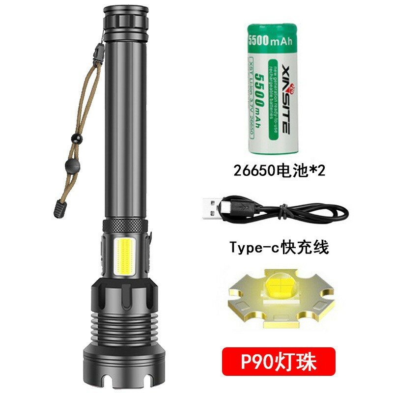 Длинный фонарь P90 с USB-кабелем и 2x батареями 26650, перезаряжаемый, высокая яркость 2500 люменов