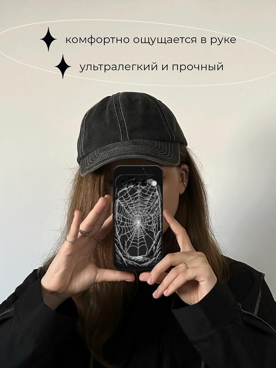 Черный матовый чехол на Google Pixel 10 / Гугл Пиксель 10 с принтом Паучья паутина в белом — фото 1