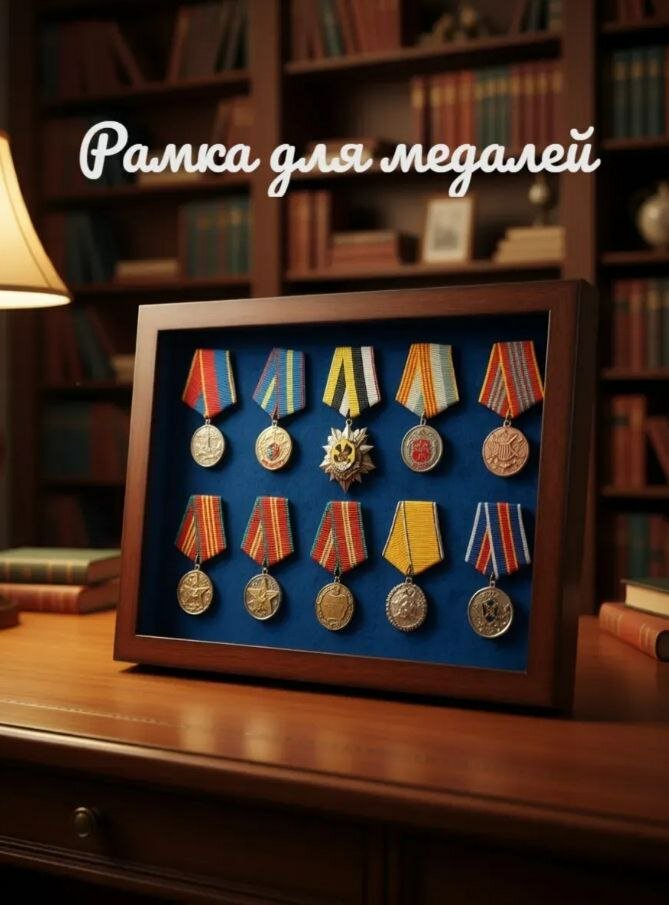 Рама футляр ручной работы для медалей, орденов и нагрудных знаков синяя