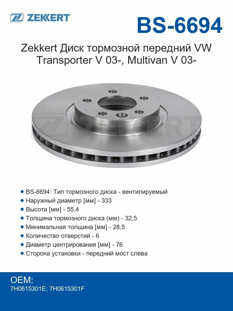 Zekkert Диск тормозной передний VW Transporter V 03-, Multivan V 03-