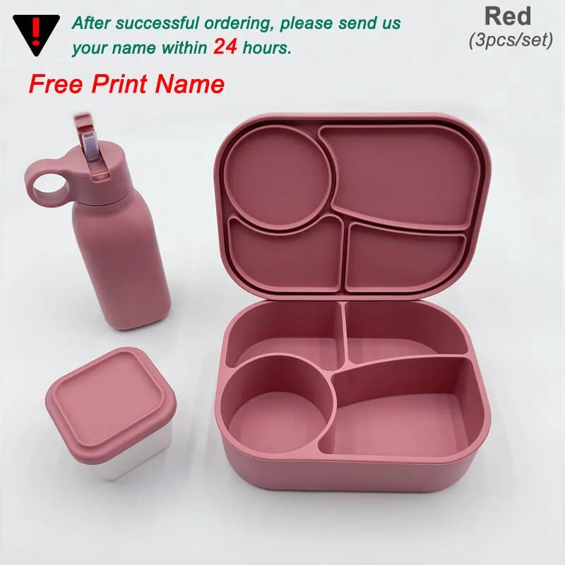 Персонализированное имя, силиконовая коробка для обеда, бенто, наборы соломенных бутылок для воды, кемпинга, пикника, еды, посуда для напитков, контейнер, бутылка-непроливайка для детей Розовый, Red (3 pcs)