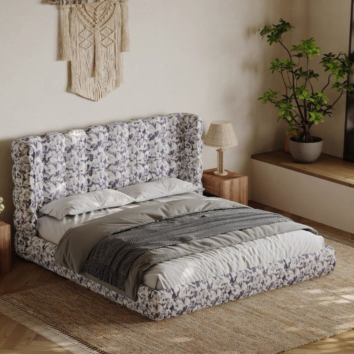 Интерьерная мягкая кровать с высоким изголовьем Hervias (Бело-серый с фиолетовым рисунком)
