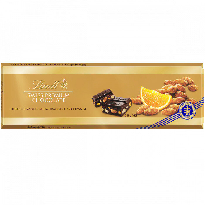 Шоколад LINDT GOLD Горький с Апельсином и Миндалем 300г (Швейцария)