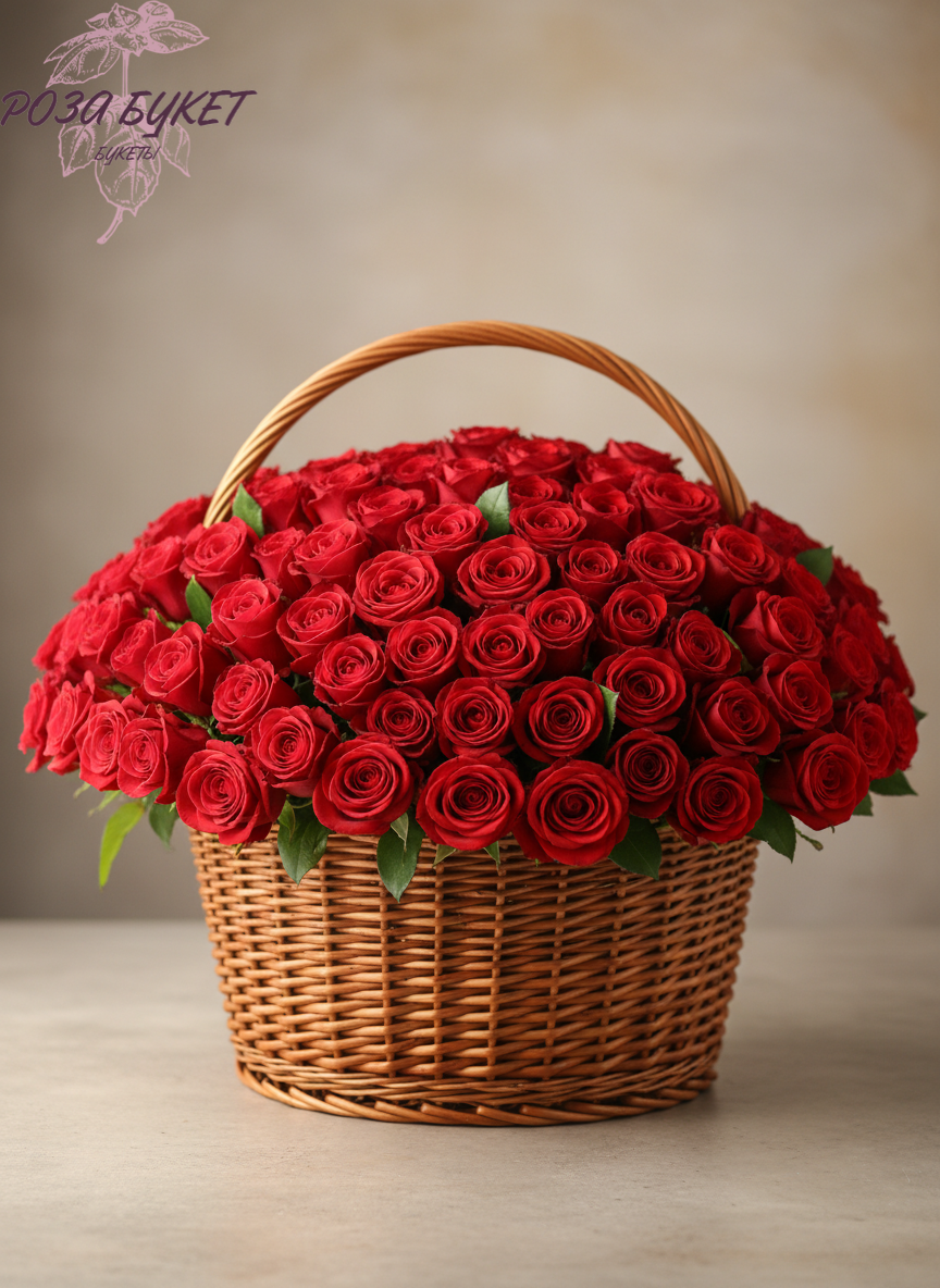 Букет цветов, букет из красных роз 101 шт в коричневой корзине, премиум букет, долгий букет, долго стоящие цветы