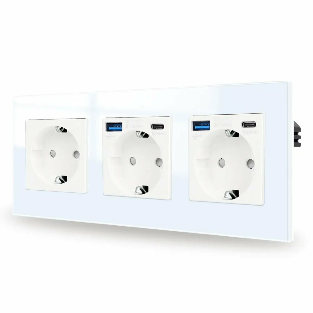 Розетка электрическая,3 поста, 2 Розетка с USB и type-C ,5 В 3,1 А, Белая, 228mm