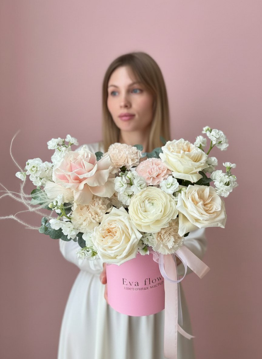 Ароматные цветы в коробке, розы, гвоздички, маттиола, французская роза