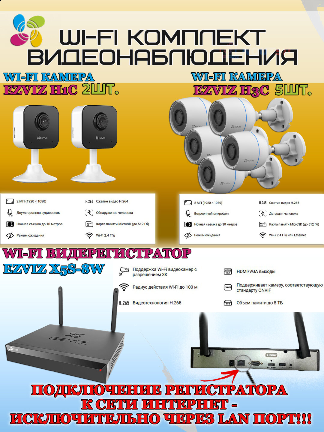 Wi-Fi Комплект видеонаблюдения EZVIZ на 7 видеокамер - 2Мп 1080P (5хCS-H3c + 2хCS-H1c + CS-X5S-8W) IP67, Двусторонняя аудиосвязь, ИК-подсветка до 30м, угол 125гр, H.265