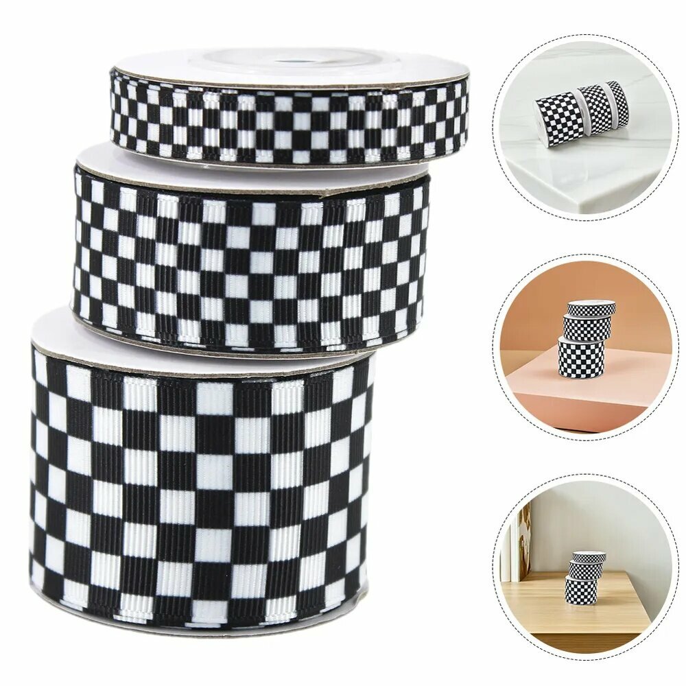 Лента из полиэстера с черно-белой клеткой для подарочной упаковки и творческих проектов, 3 рулона